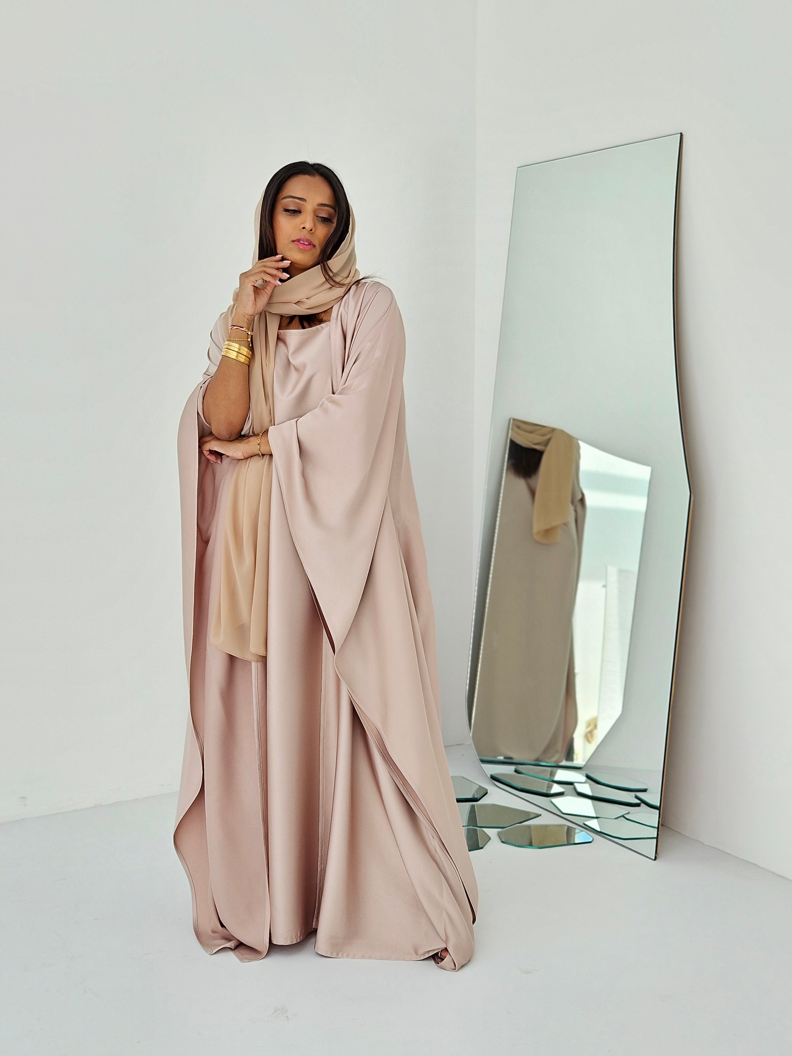 Light Pink Satin Farasha Abaya With Sheila - ZERESOUQ.COM